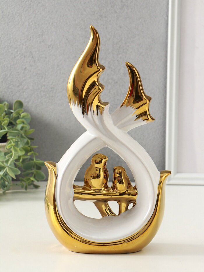 Фигура керамика «Две птички на ветке», белый с золотом, 7×15.5×29.5 см