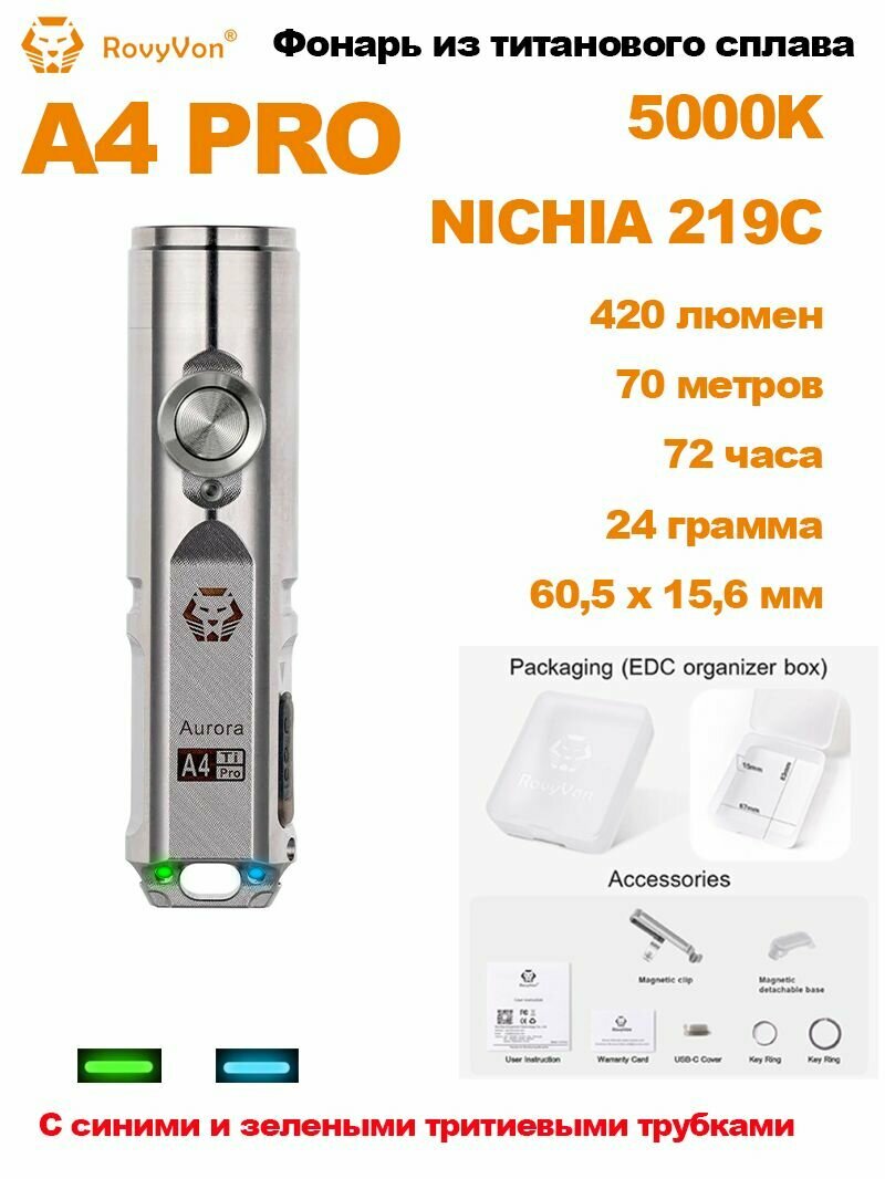 RovyVon A4 PRO, Фонарь из титанового сплава, 420 люмен