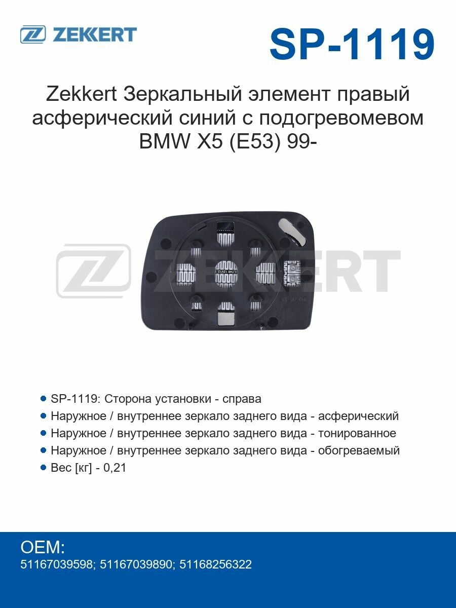 Zekkert Зеркальный элемент правый асферический синий с подогревом BMW X5 (E53) 99-