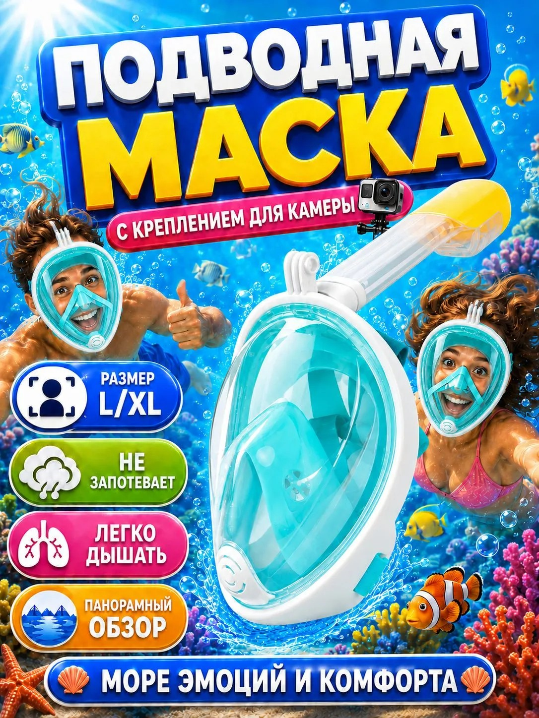 Подводная маска для плавания , полнолицевая маска для снорклинга, размер L-XL, бирюзовый