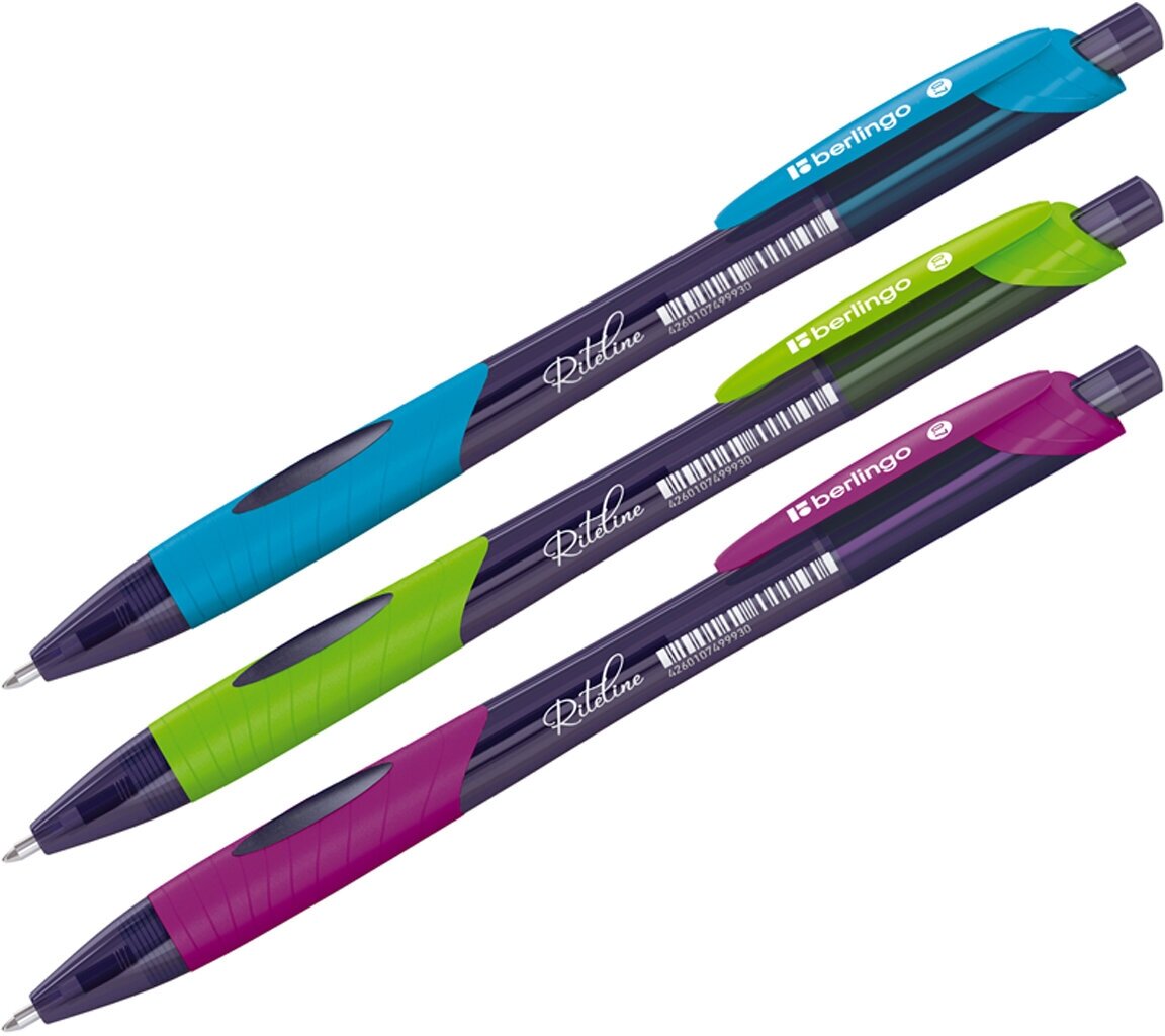 Комплект 24 шт, Ручка шариковая автоматическая Berlingo "Riteline" синяя, 0.7мм, грип, корпус ассорти