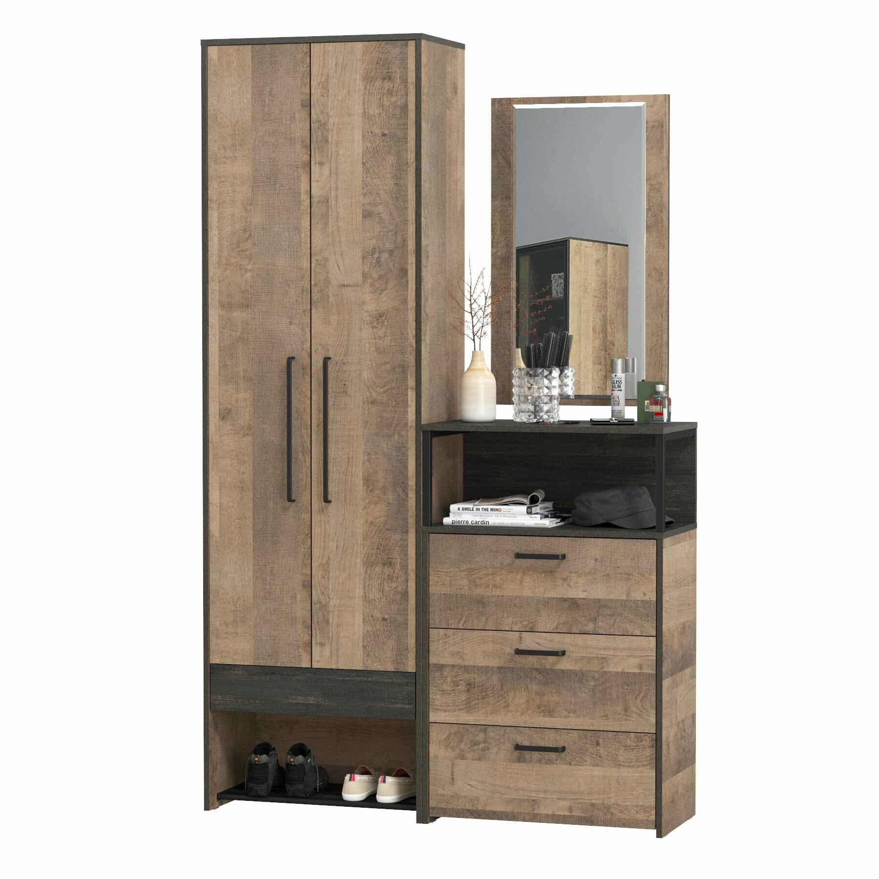 Шкаф с дверками в прихожую с комодом и зеркалом Трувор, цвет дуб гранж песочный/интра, ШхГхВ 129,2х37х210 см.