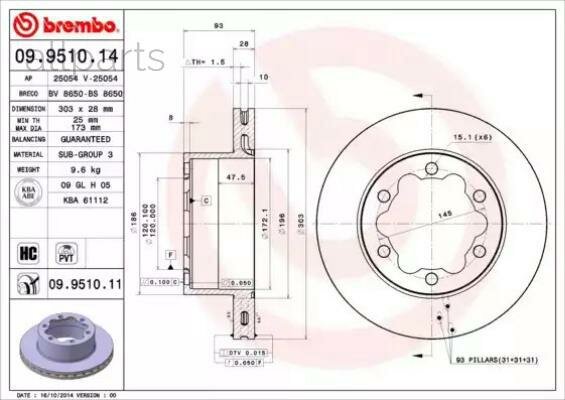 BREMBO 09.9510.14 Диск тормозной задний MB SPRINTER/VW CRAFTER 30-50 06-> /VENT D=303MM BREMBO 09.9510.14