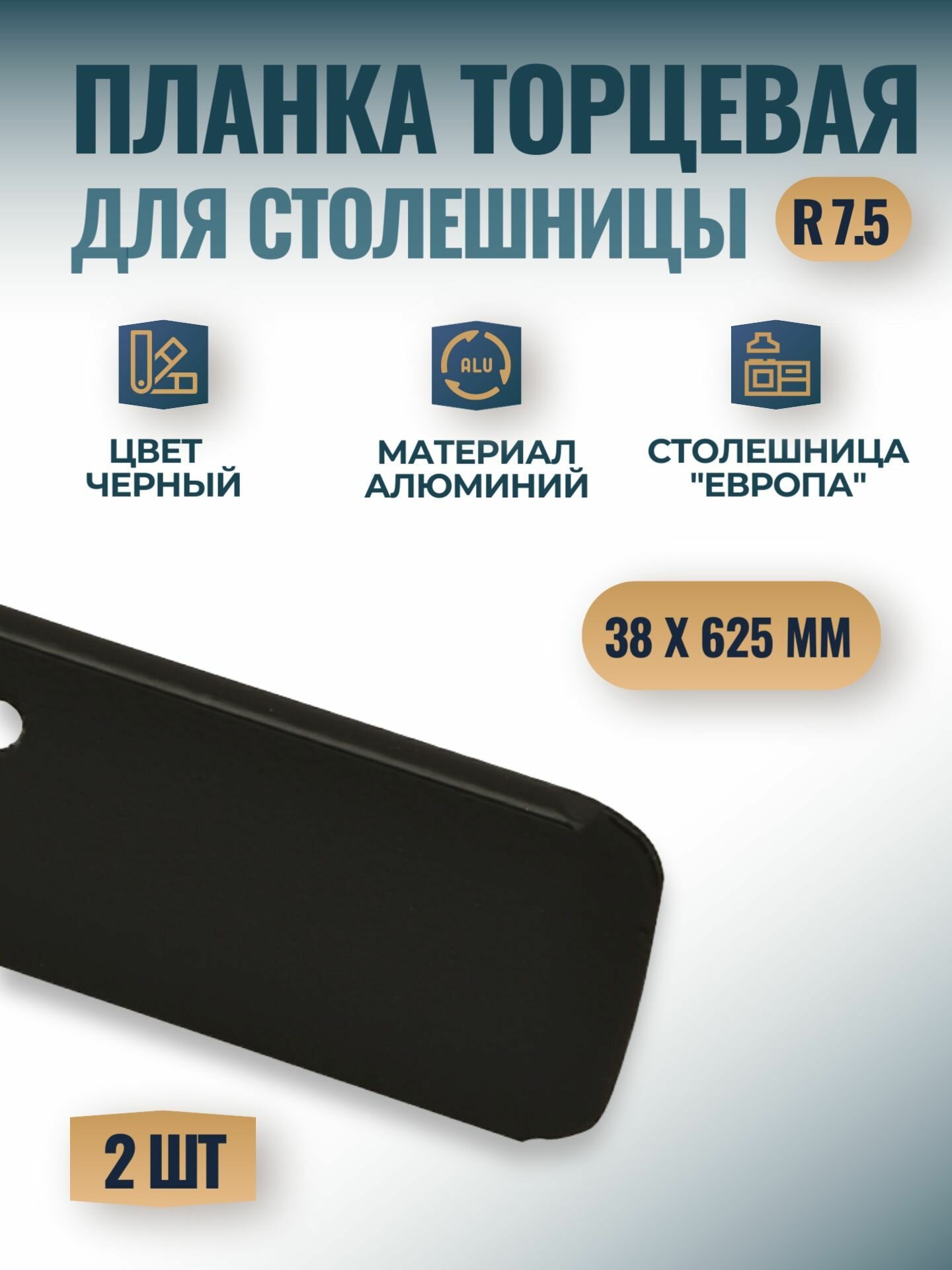 Планка торцевая универсальная для столешницы "Европа" 38х625мм, R7.5 - черная, 2 шт.