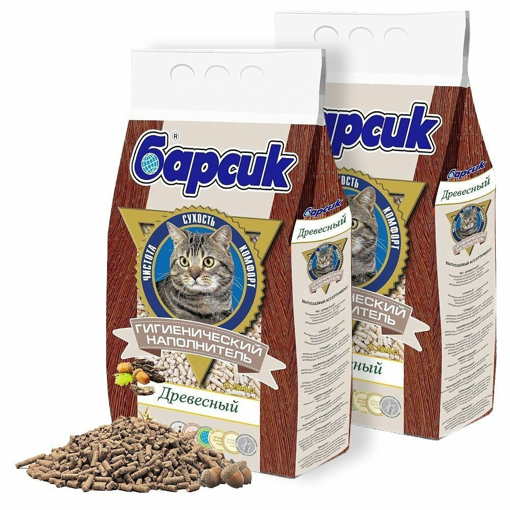 Наполнитель для кошачьего туалета Барсик Древесный 4,54л - 2 упаковки