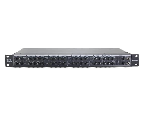 SM10 10-канальный микшерный пульт с установкой в 19" рэк. 2 микр/лин + 6 стереовходов. 2 AUX посыла, TRS/XLR выходы. Высота 1U. 484x210x44,5мм, 2,8 кг. SAMSON