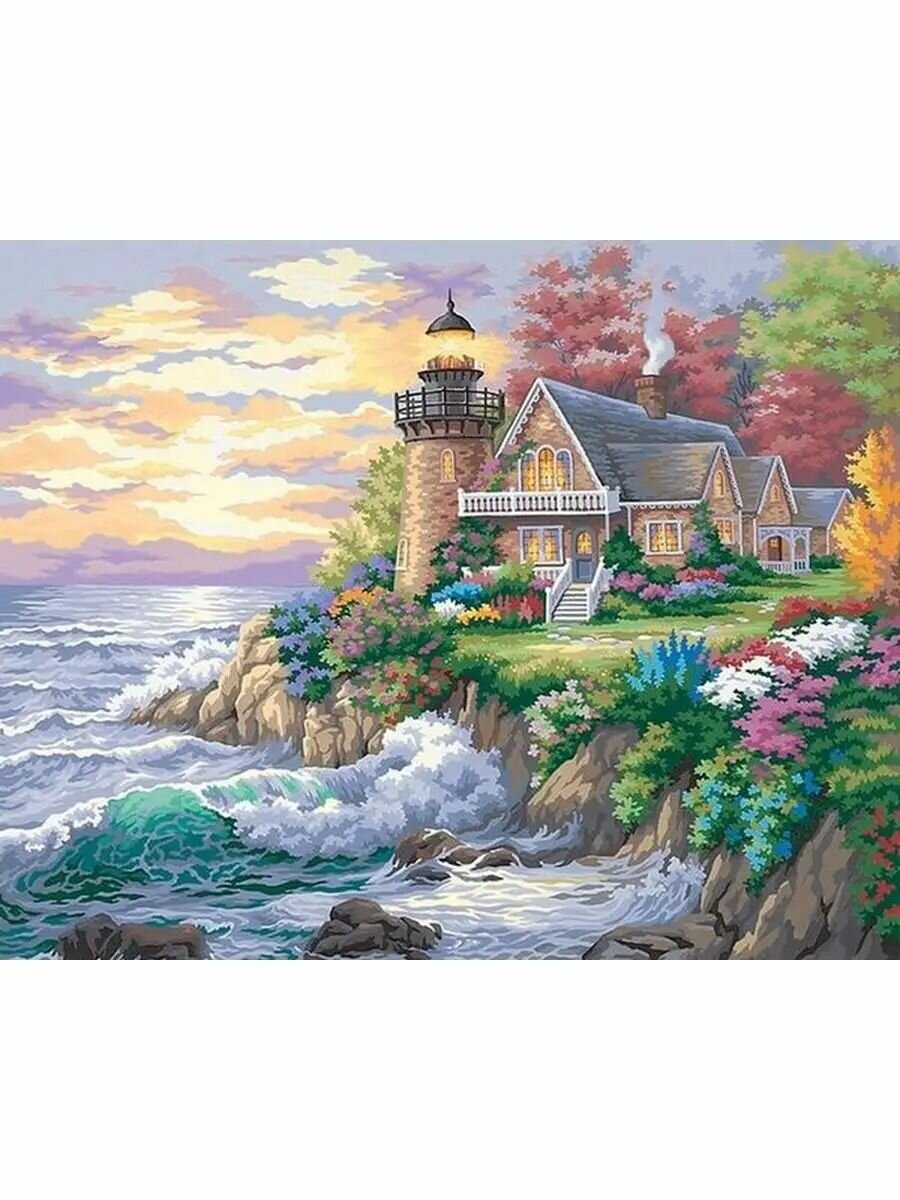 Алмазная мозаика на подрамнике 40х50 полная выкладка Сказочный дом на море