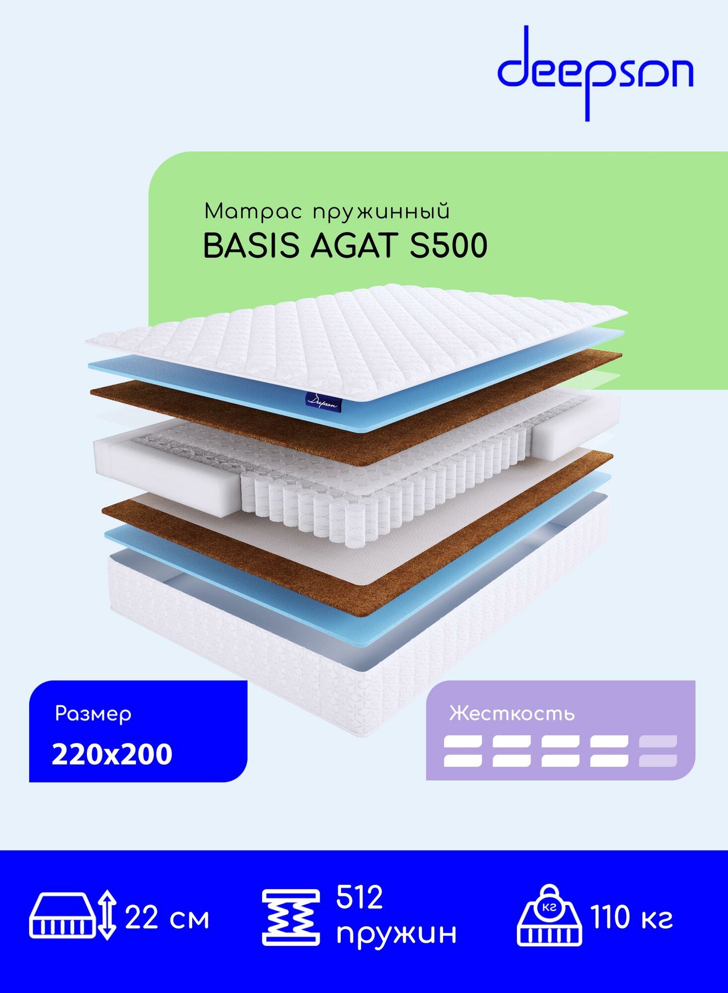 Матрас 220x200 пружинный двуспальный ортопедический Deepson BASIS AGAT S500 выше