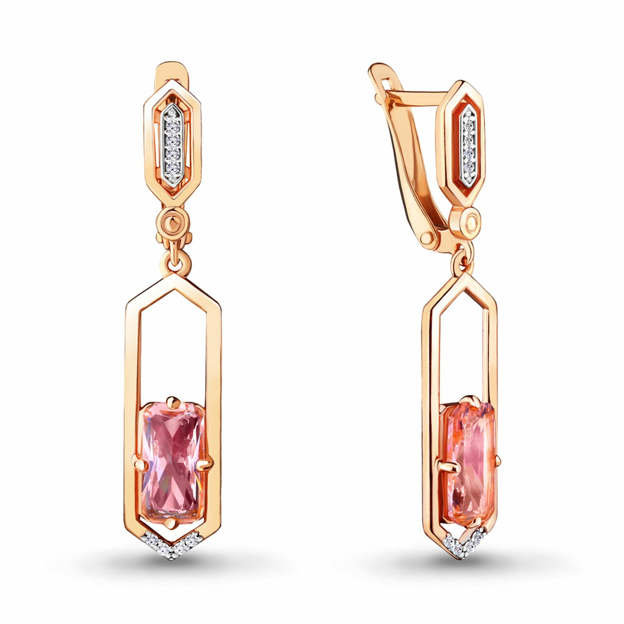 Серьги, серебро, 925 проба, золочение, фианит, морганит