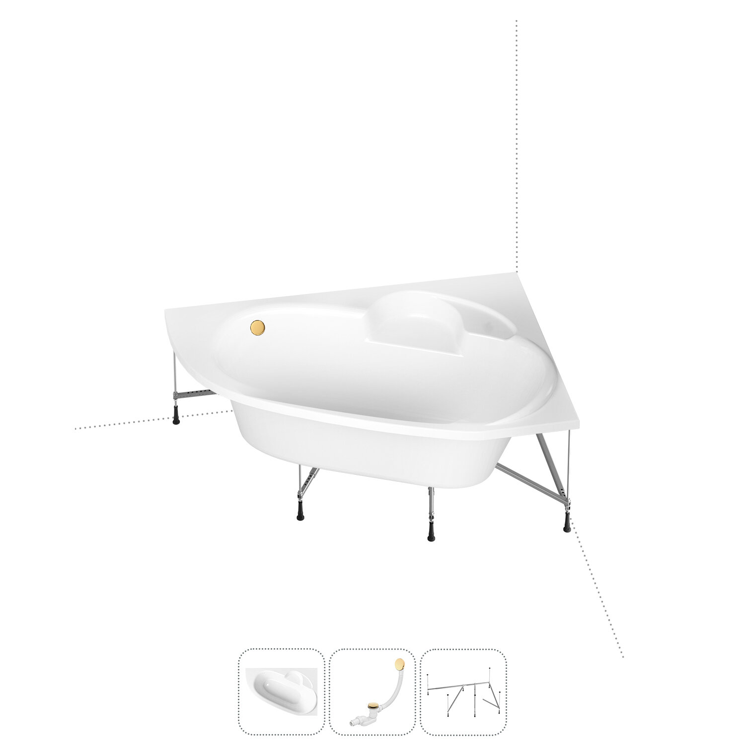 Угловая ванна акриловая 150 x 100 с каркасом Lavinia Boho Bell Pro 202011080 в наборе 3 в 1: асимметричная ванна (правый разворот), слив-перелив, каркас