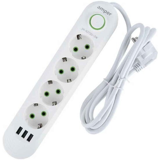 Сетевой удлинитель с USB Amper JH-1072U-2W 4 розетки, 3usb, 2500 Вт, 10А, 2,0м, 3*0,75мм, белый.