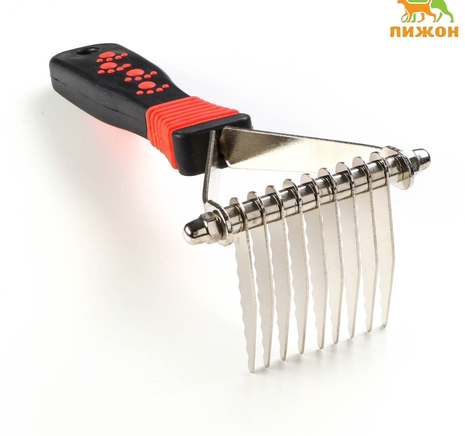 Колтунорез-грабли, 9 лезвий, с косточками на ручке, чёрно-красный