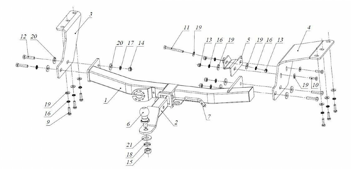 Фаркоп под квадрат для Mitsubishi Outlander XL, Citroen C-Crosser, Peugeot 4007, c 2007 г, Бизон. FA 0970-E
