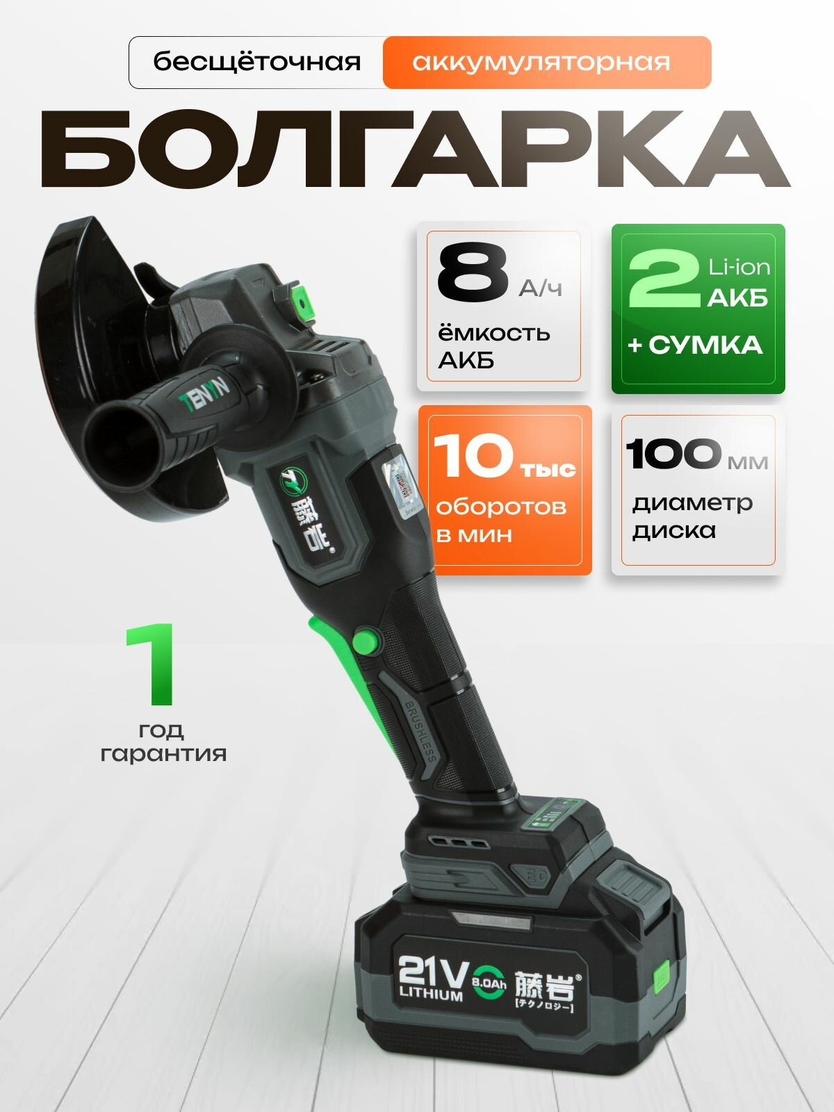 Болгарка TENYN, бесщеточный двигатель, 2 аккумулятора, 125 мм