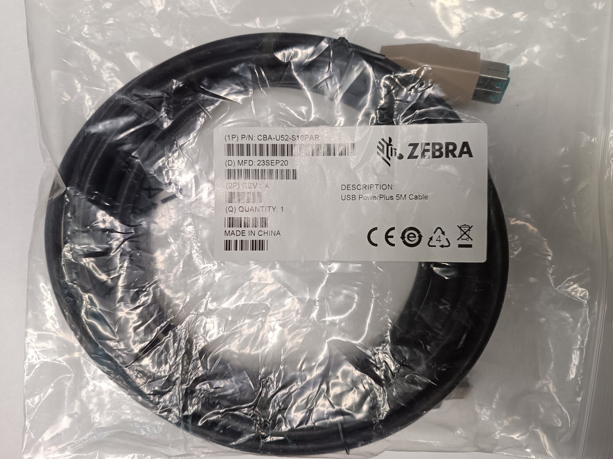 Кабель Zebra CBA-U52-S16PAR USB POWERPLUS 5M, черный
