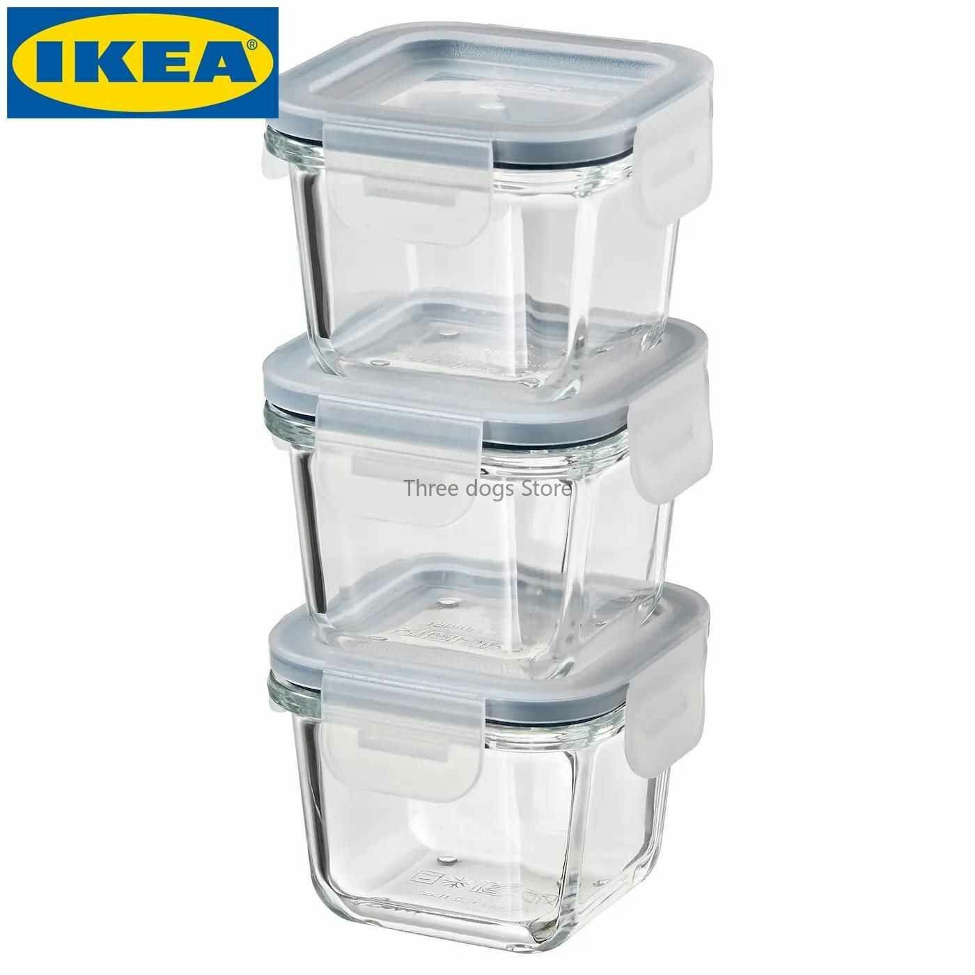 Контейнер икеа, пищевой, стекло, с крышками, герметичный, прозрачный, 180мл, 3шт.