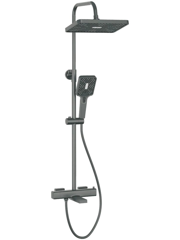 Душевая стойка Haiba HB24537-7 со смесителем, термостатическим, черная, матовая, душевая система с тропическим душем, с изливом, с лейкой, латунная
