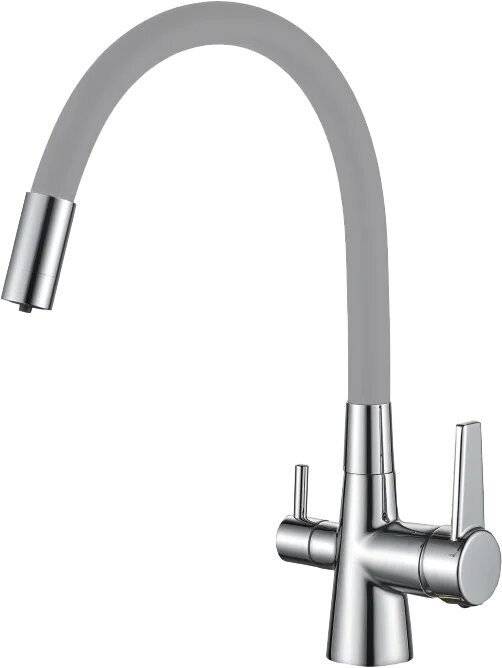 Смеситель для кухни Haiba HB858-3 с гибким изливом, с краном для питьевой воды, с поворотным изливом, хром, серый, глянцевый, однорычажный, латунный, с керамическим картриджем