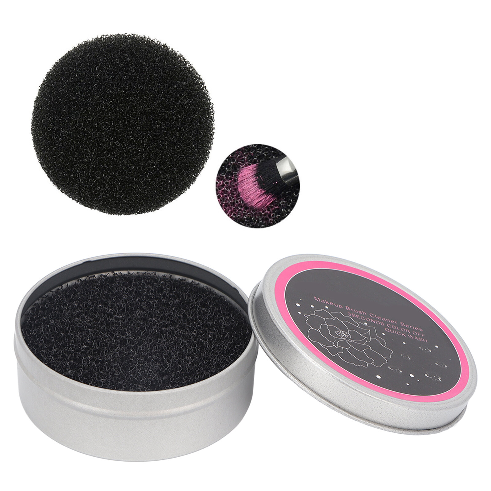 Color Cleaner Sponge Reusable Black Activated Carbon Sponge Box for Traveling, 1 x Tinplate Box, 1 x Sponge, Material: Tinplate, Activated Carbon Sponge, Function: Clean Makeup Brushes Quickly