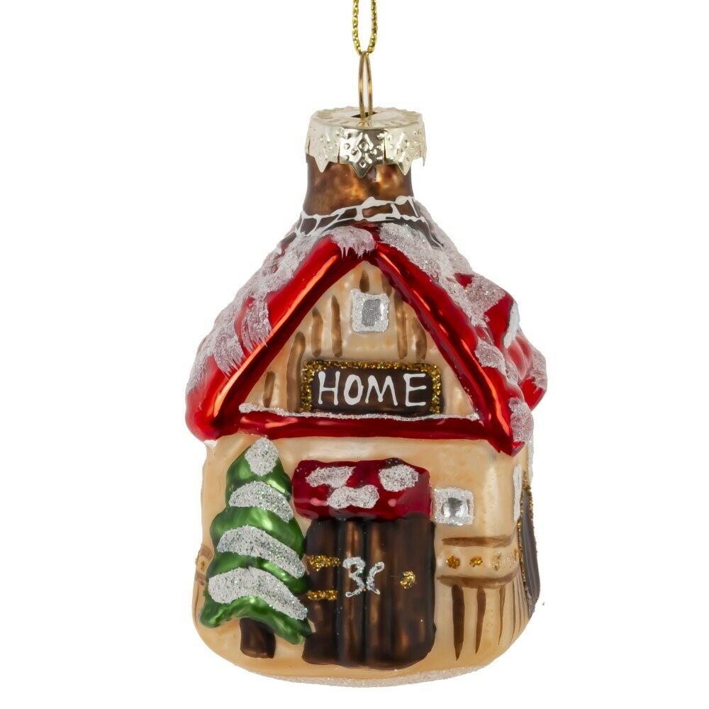 Елочная игрушка OLDIM Домик из стекла с красной крышей и надписью HOME, новогодний декор 50x105x50 мм