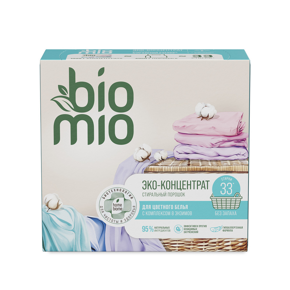 Стиральный порошок BioMio BIO-LAUNDRY POWDER Whites для цветного белья, универсальный, без запаха,1000гр