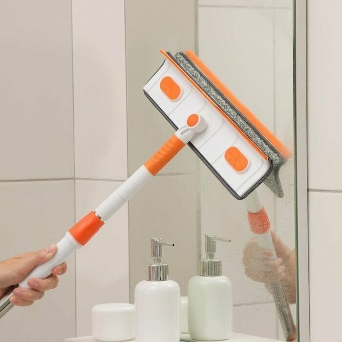 Окномойка с насадкой из микрофибры , фиксатор, стальная телескопическая ручка, 28*7*85(120) см, цвет белый, оранжевый