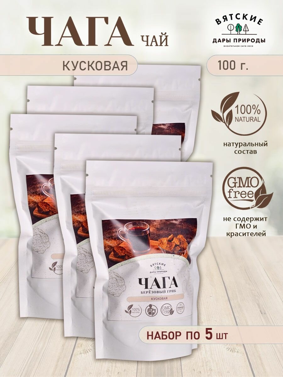 Набор Чага Чай березовая кусковая 5 шт по 100 гр. Вятские дары природы