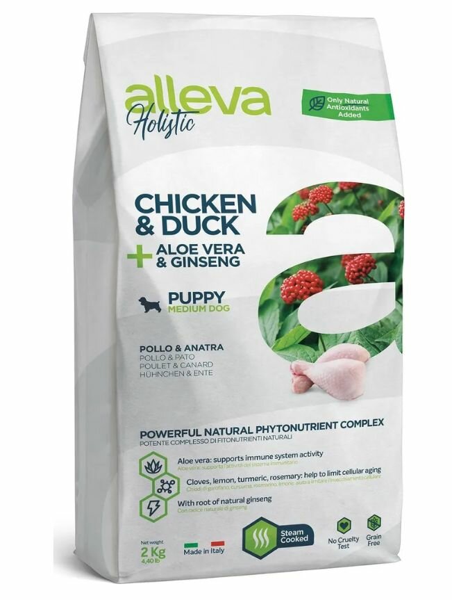 Сухой беззерновой корм Alleva HOLISTIC PUPPY CHICKEN & DUCK MEDIUM для щенков средних пород с курицей и уткой, 2 кг