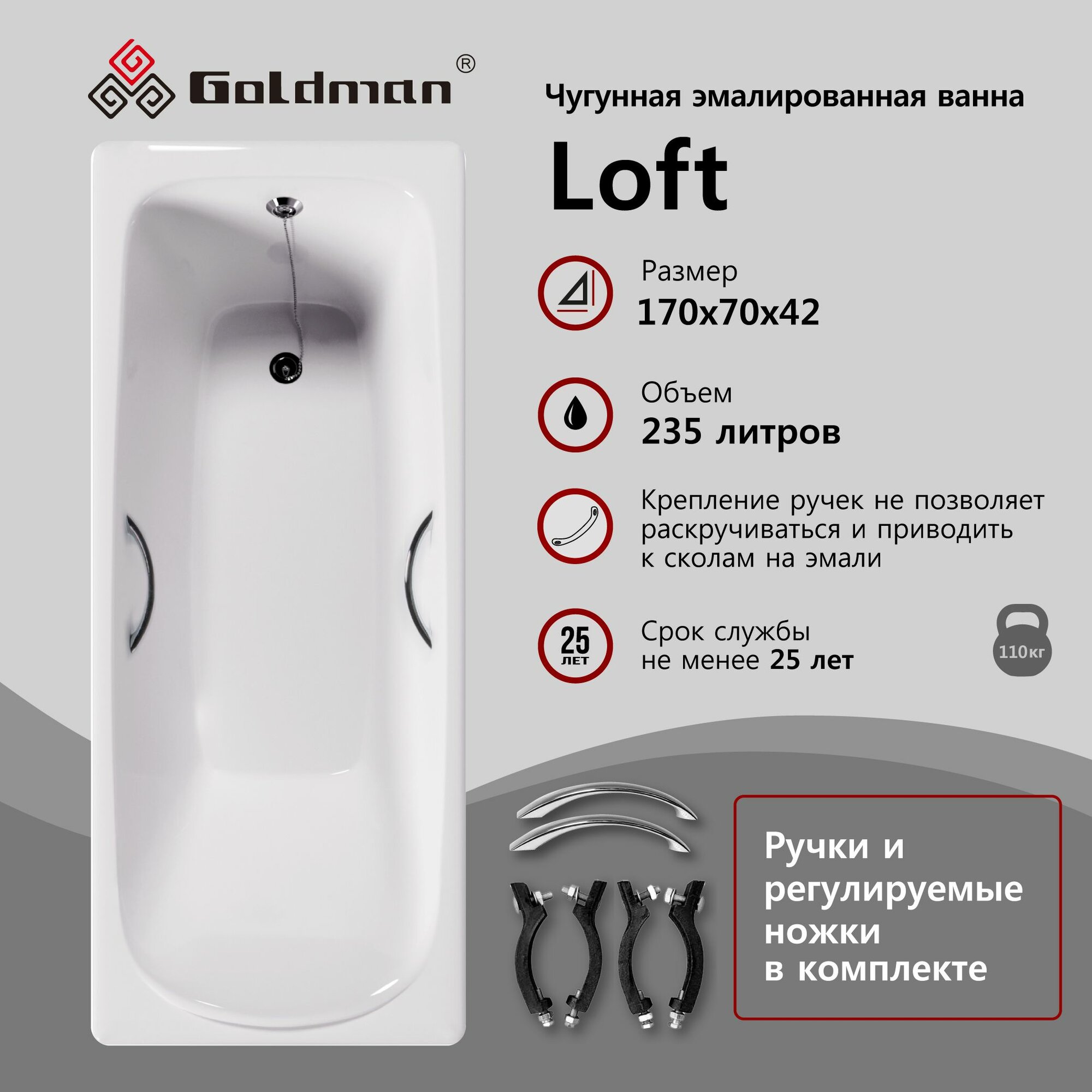 Чугунная ванна Goldman Loft 170x70x42 с дугообразными хромированными ручками