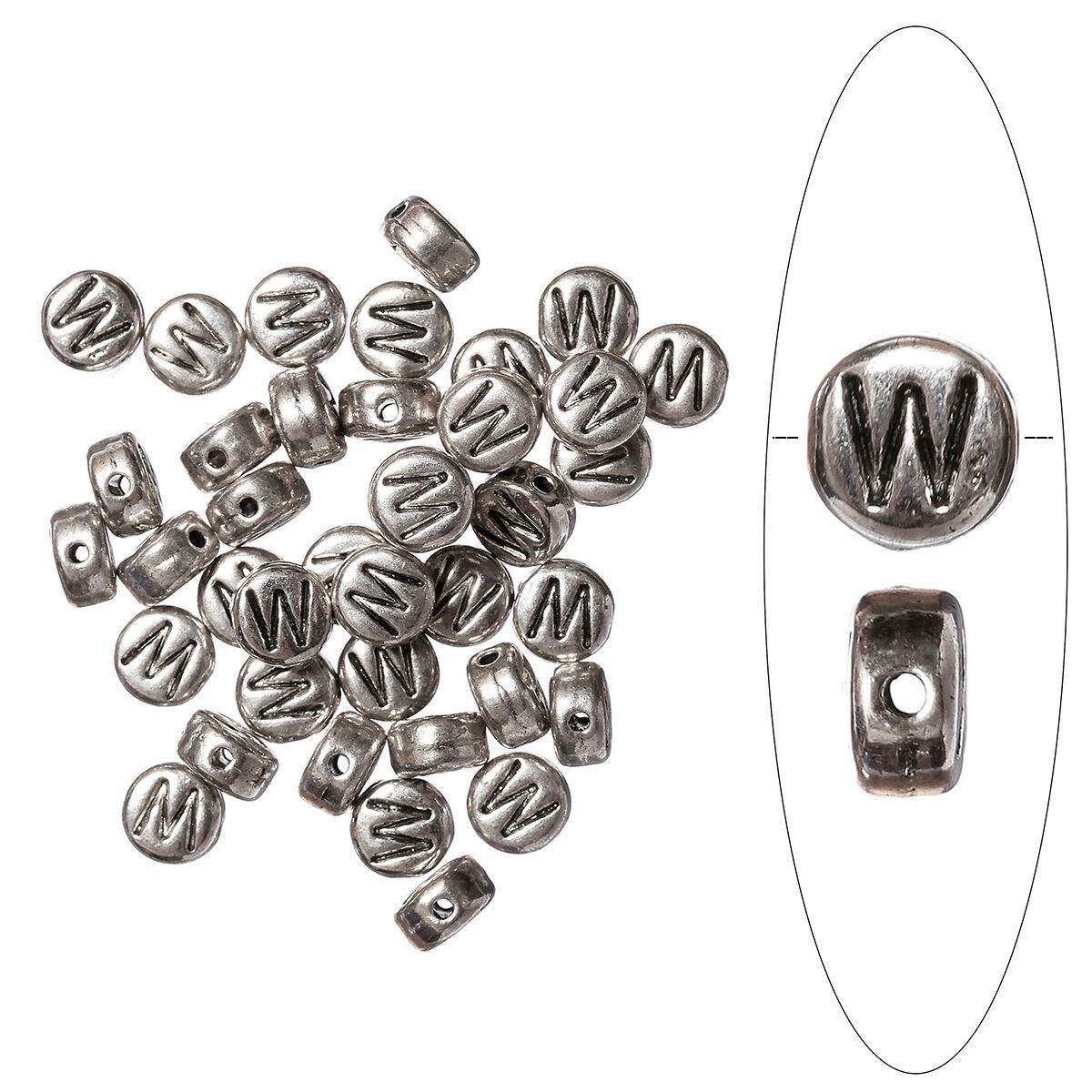 Бусина металлическая, 7х4мм, буква W, базовый материал - цинковый сплав, серебристая с чернением, 10 шт.