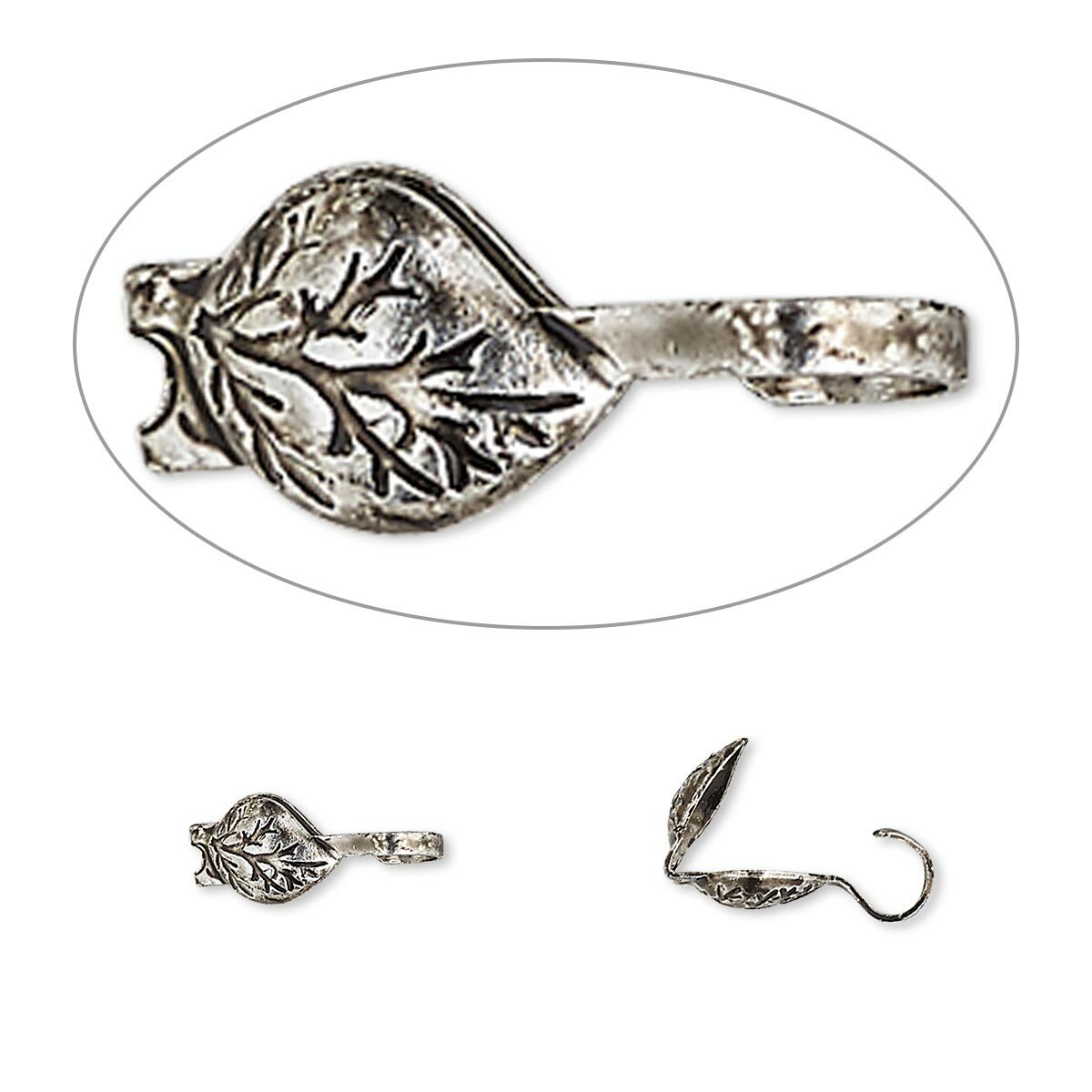 Концевики, 10х5мм, каллоты, листики, базовый материал - латунь, античные посеребренные, 5 пар