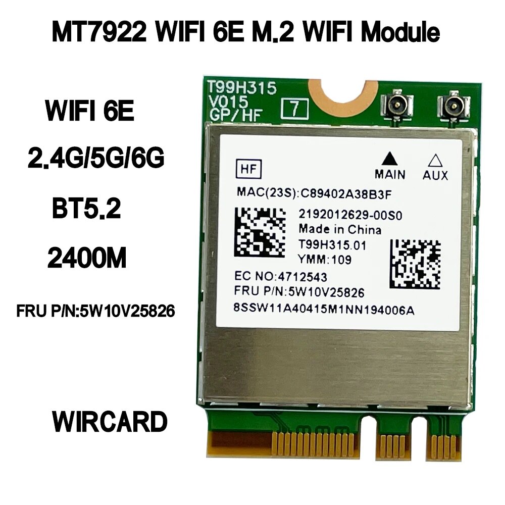 Wi-Fi 6E MT7922, беспроводная сетевая карта 2400 Мбит/с, 2,4G, 5G 6G, 802.11AX M.2, Bluetooth 5,2, адаптер MU-MiMO для ноутбука Lenovo