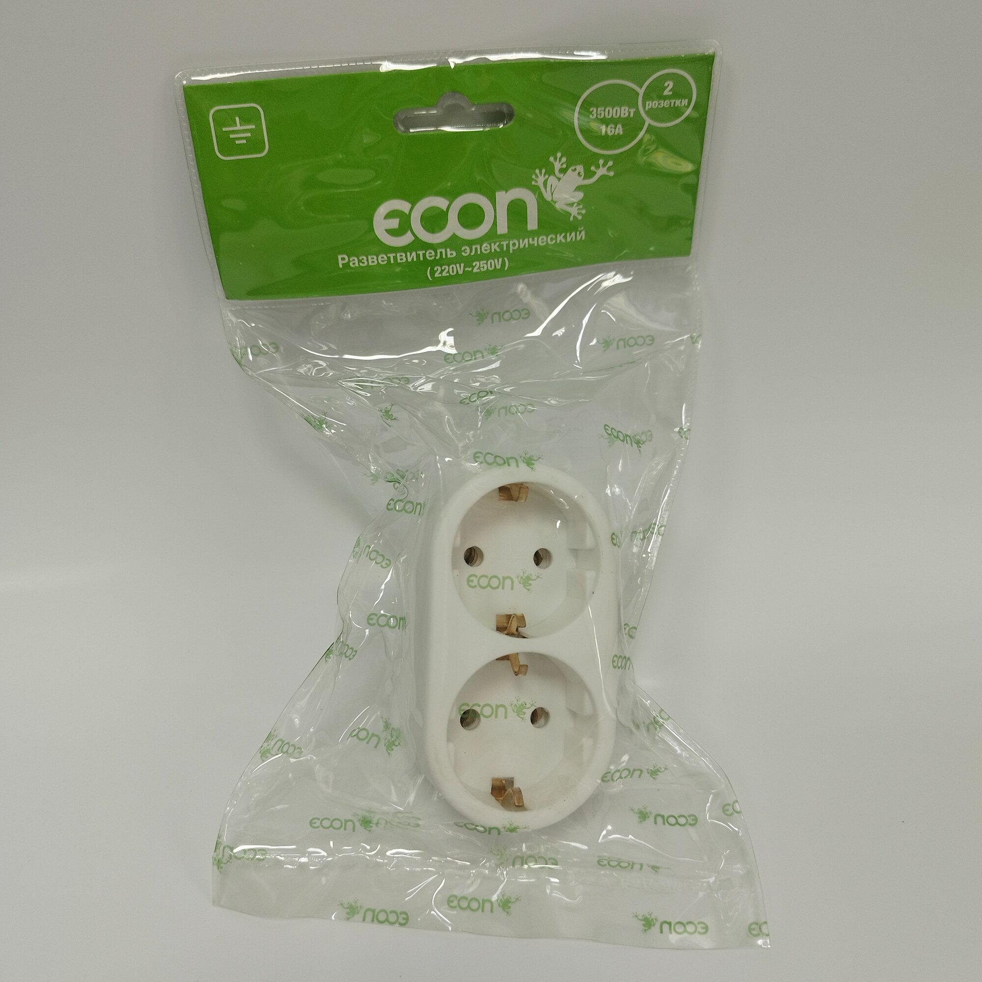Разветвитель электрический "Экон", 2 розетки, с заземлением, ток max 16A, нагрузка 3500Вт, сеть 220v-250v