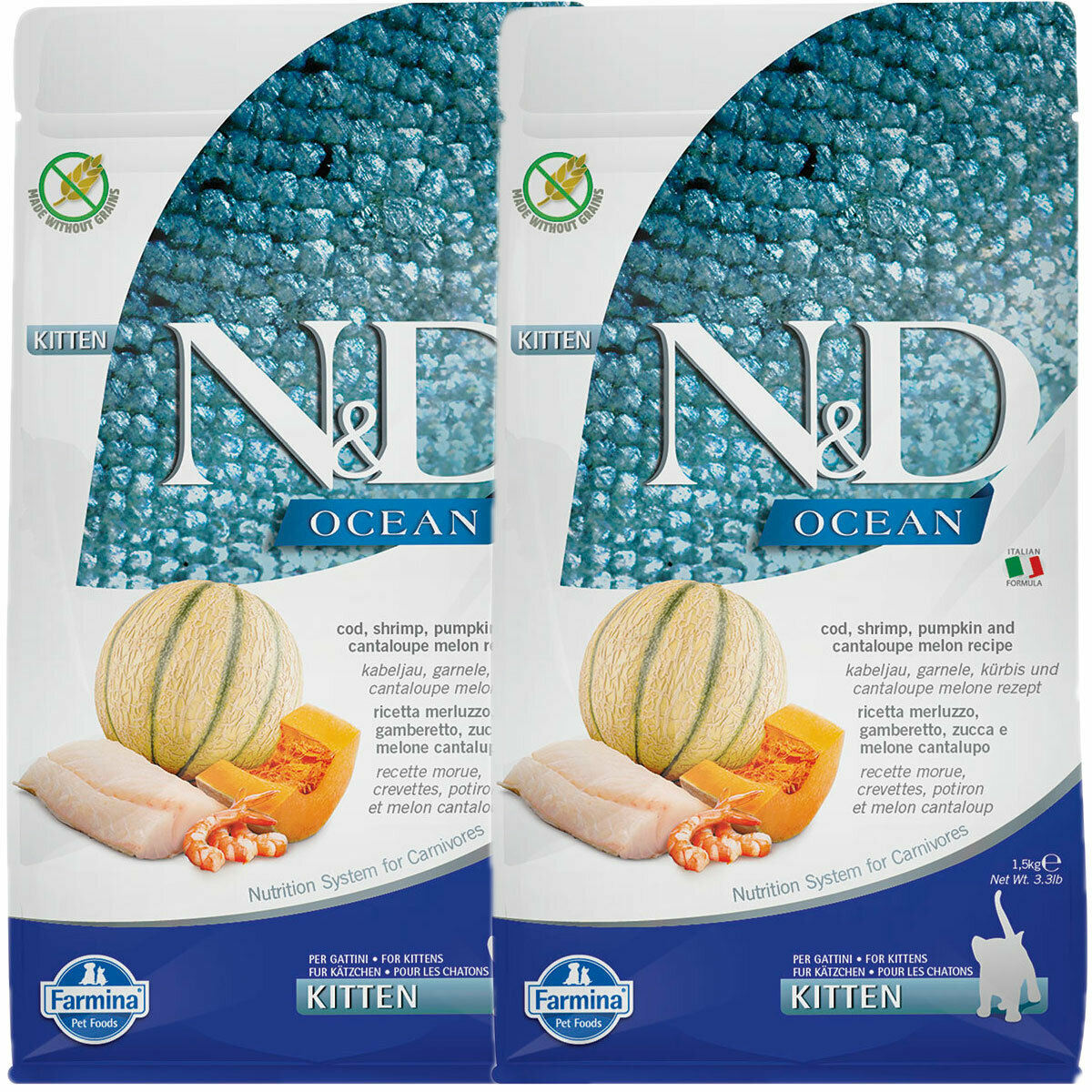 FARMINA CAT N&D OCEAN KITTEN беззерновой для котят, беременных и кормящих кошек с треской, креветками, тыквой и дыней (1,5 + 1,5 кг)