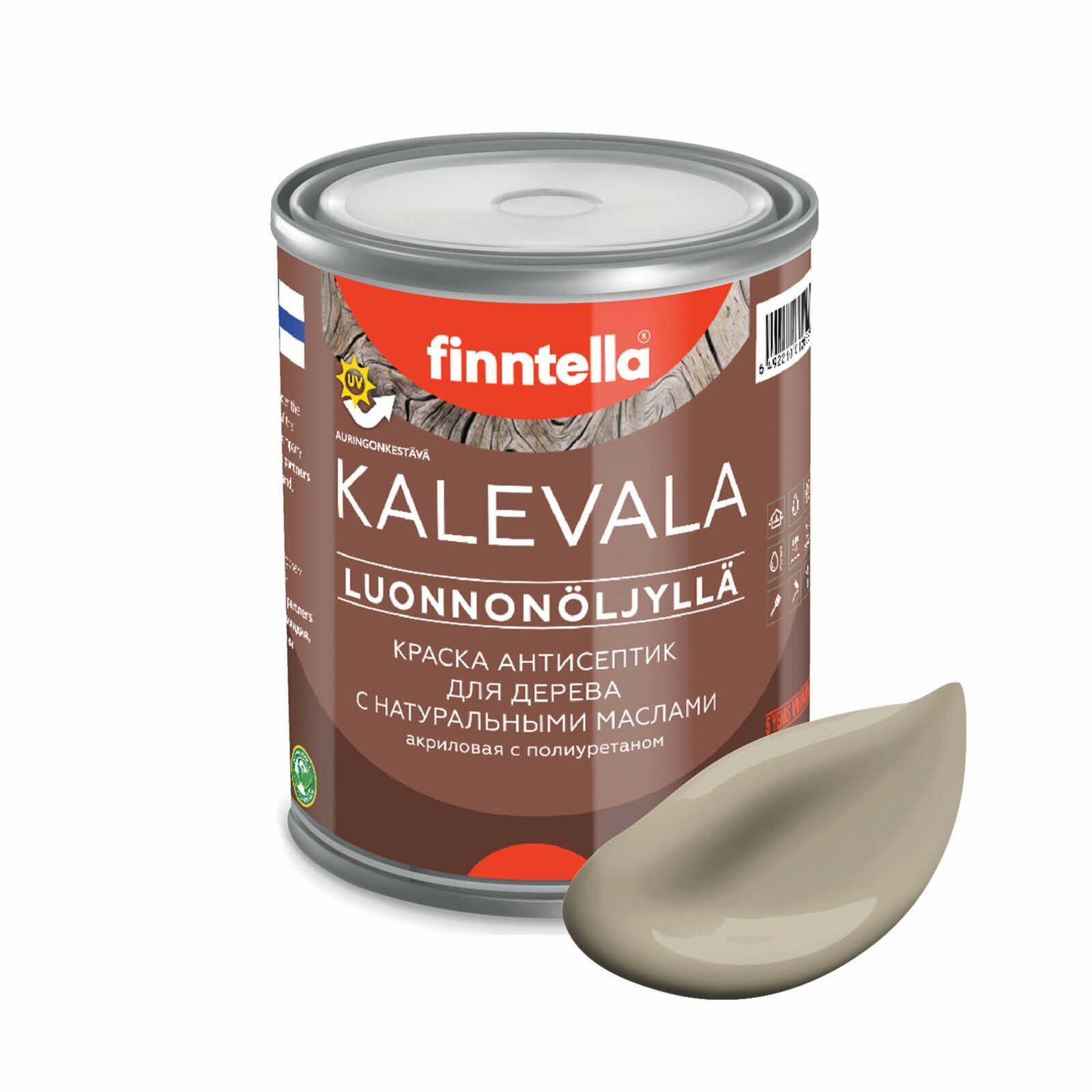 Краска для дерева и деревянных фасадов FINNTELLA KALEVALA, с натуральным маслом и полиуретаном, цвет TAOS (бежевый хаки) , 0,9л
