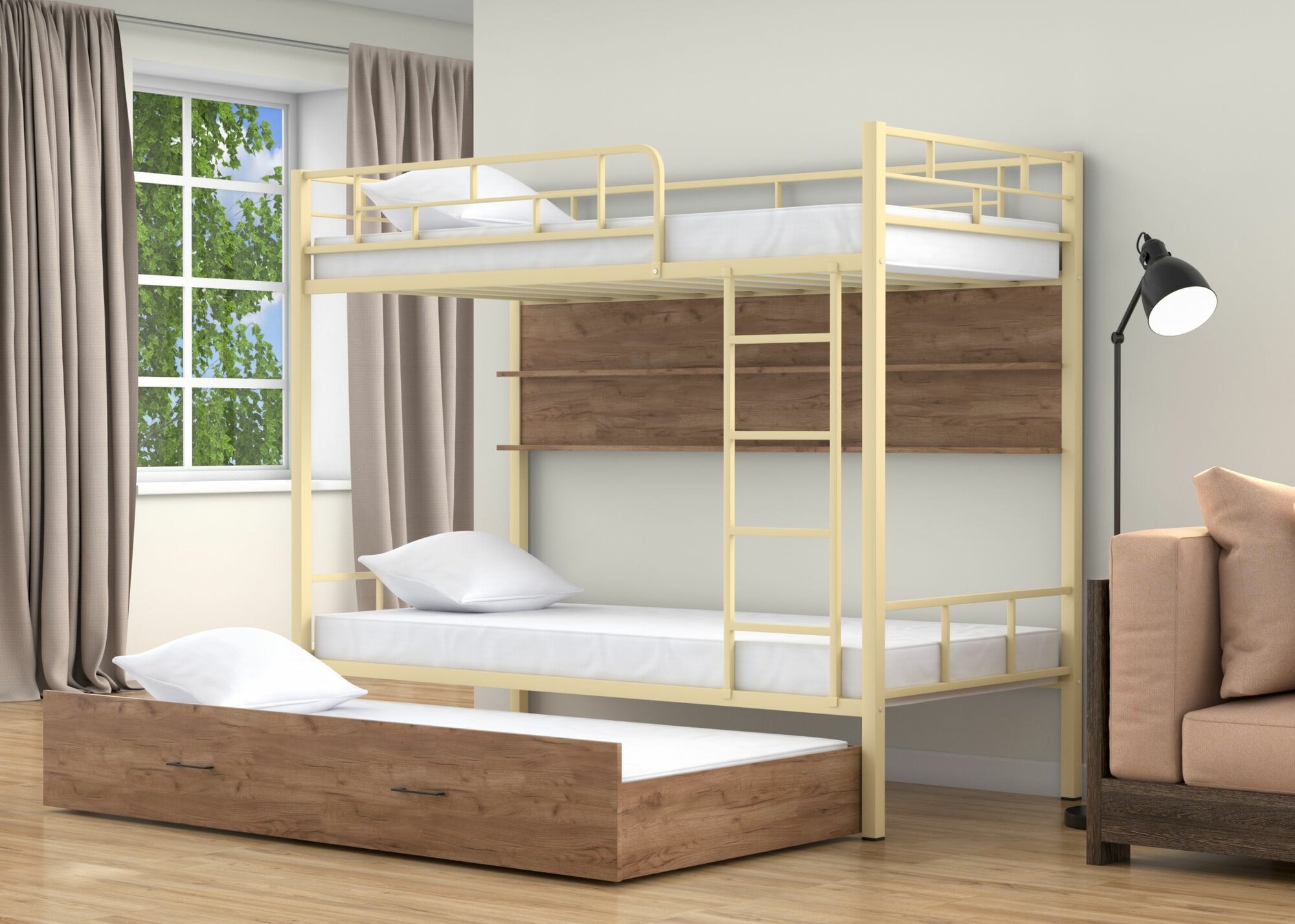 Трехъярусная кровать металлическая "Валенсия" выкатная с полкой Слоновая кость/Дуб крафт табак