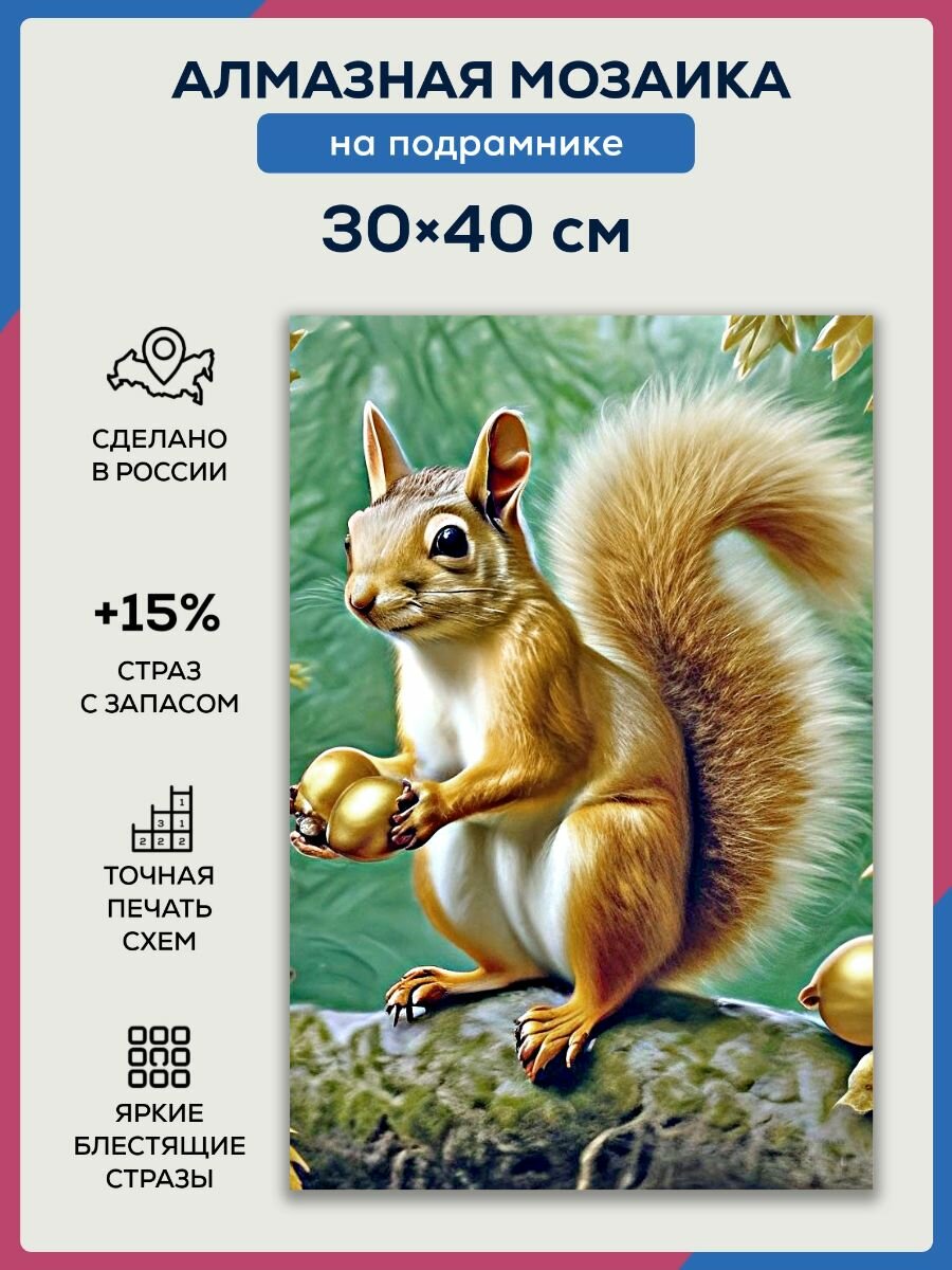Алмазная мозаика 30x40 Белка с орехом на подрамнике