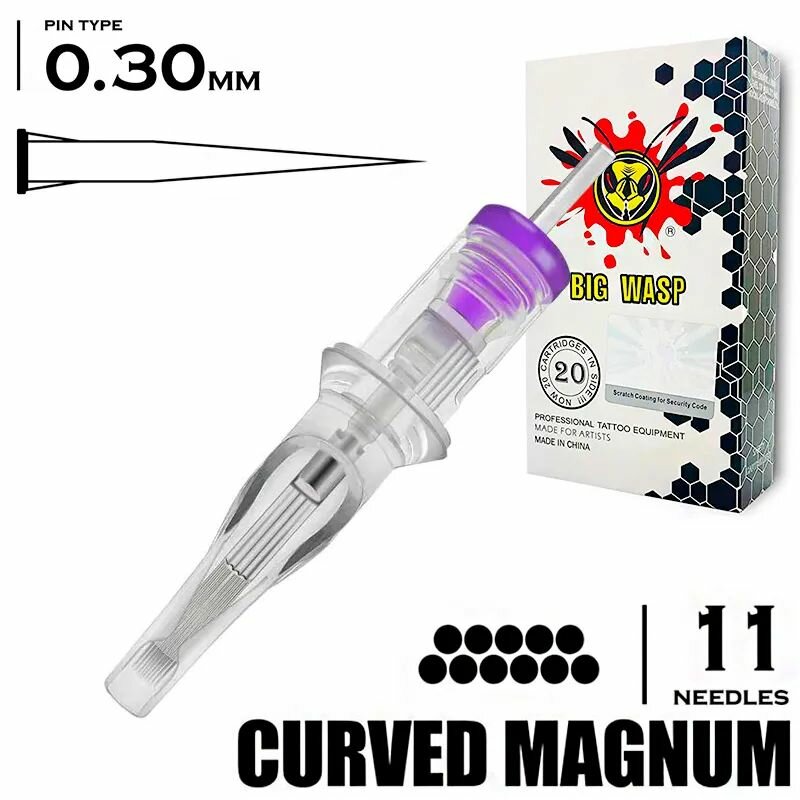 Тату картриджи BIG-WASP Matte Transparent 11CM/0,30 Curved Magnum (1011cm), 20шт