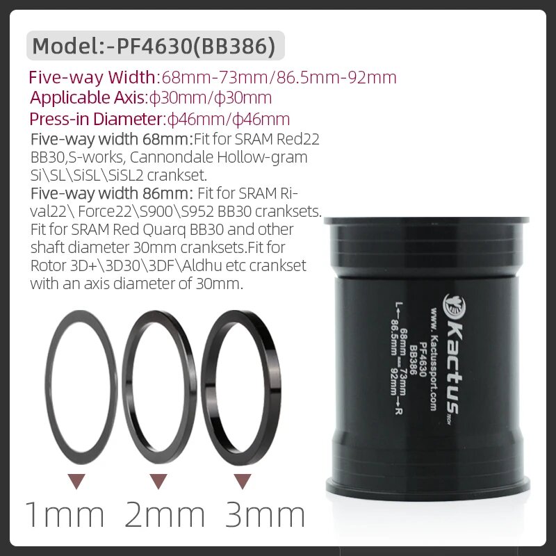 Каретка KACTUS TECH BB386 керамические подшипники PF4630 для SRAM 30 мм Черный, PF4630(BB386) BLACK