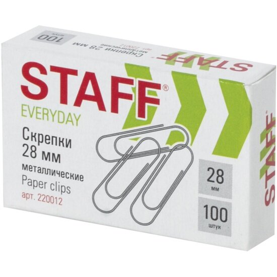 Скрепки Staff "EVERYDAY", 28 мм, металлические, 100 шт, в картонной коробке, Россия, 220012