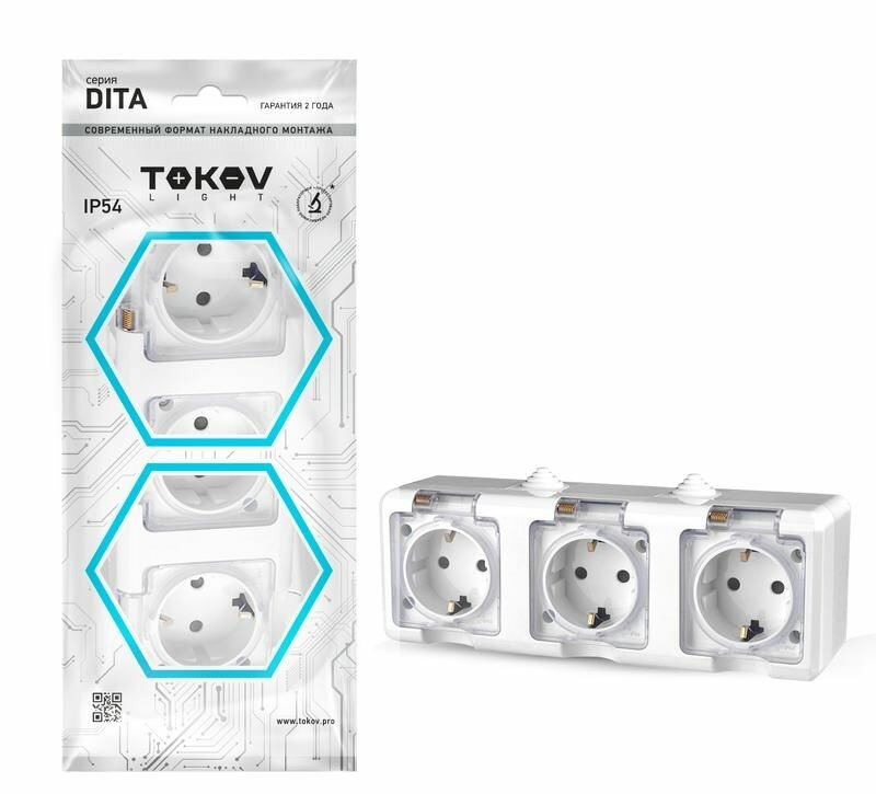 Розетка 3-м ОП Dita 16А IP54 250В с заземл. с прозр. крышкой бел. TOKOV ELECTRIC TKL-DT-R3Z-C01T-IP54