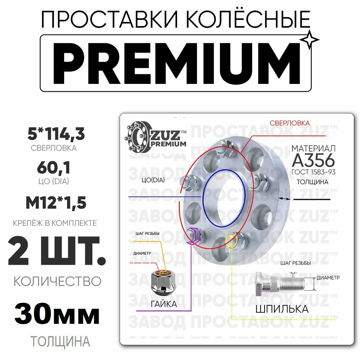 Проставка колёсная 2 шт 30мм 5*114,3 ЦО 60,1 Крепёж в комплекте Гайка + Шпилька М12*1,5 премиум