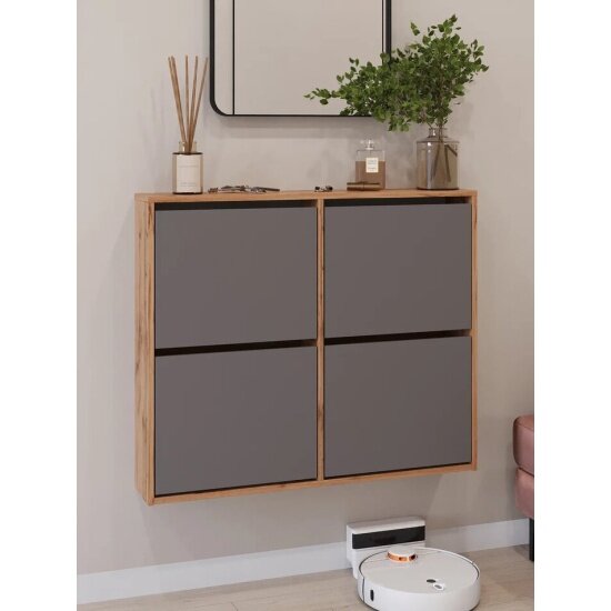 Обувница Letta Сити с вырезами 4 секции подвесная Дуб Вотан/Серый Графит 962х802(h)х170