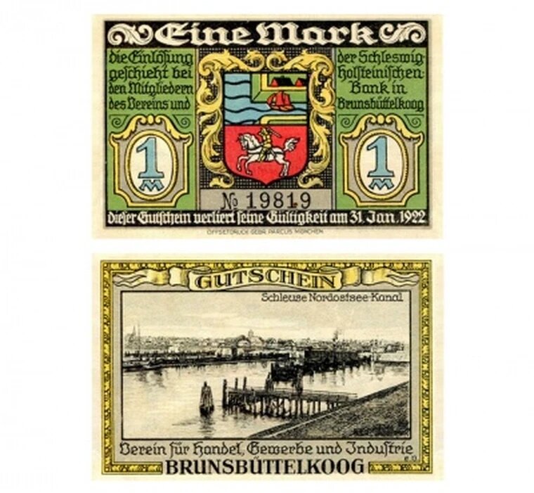 Нотгельд 1 марка 1922 Германия, Брунсбюттельког, сувенирная копия, банкноты и купюры редкие коллекционные