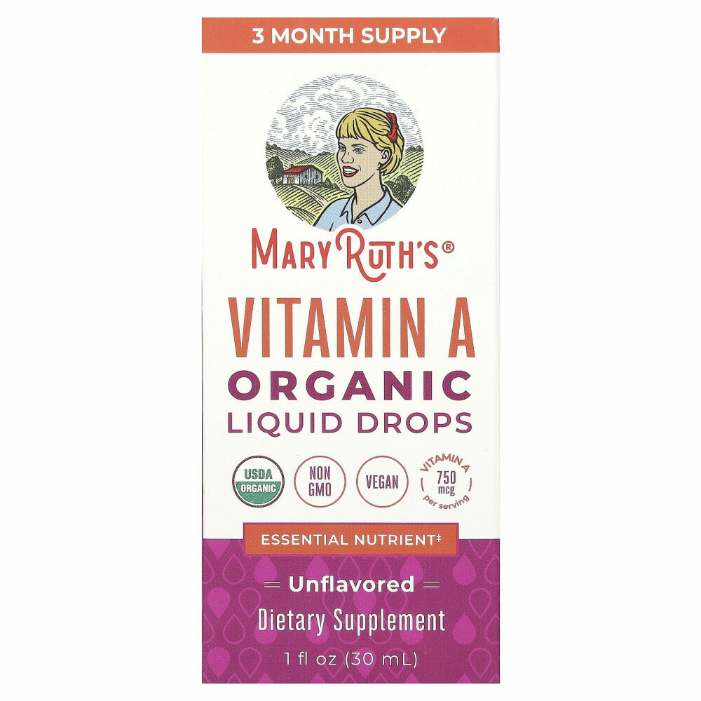 MaryRuth's, органический витамин A в каплях, без добавок, 750 мкг, 30 мл (1 жидк. унция)