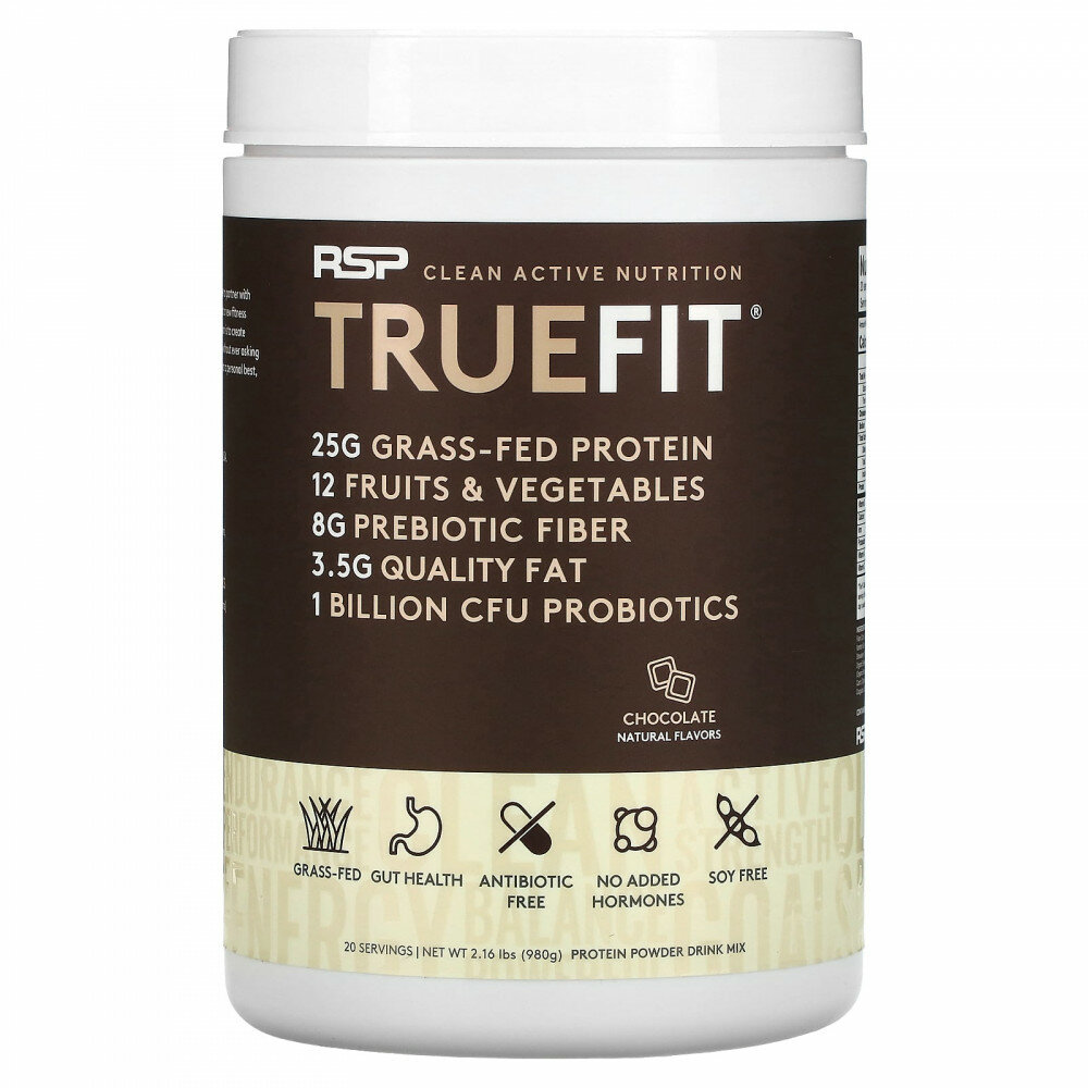 RSP Nutrition, TrueFit, сывороточный протеиновый коктейль из экологически чистых ингредиентов, шоколад, 940 г (2 фунта)