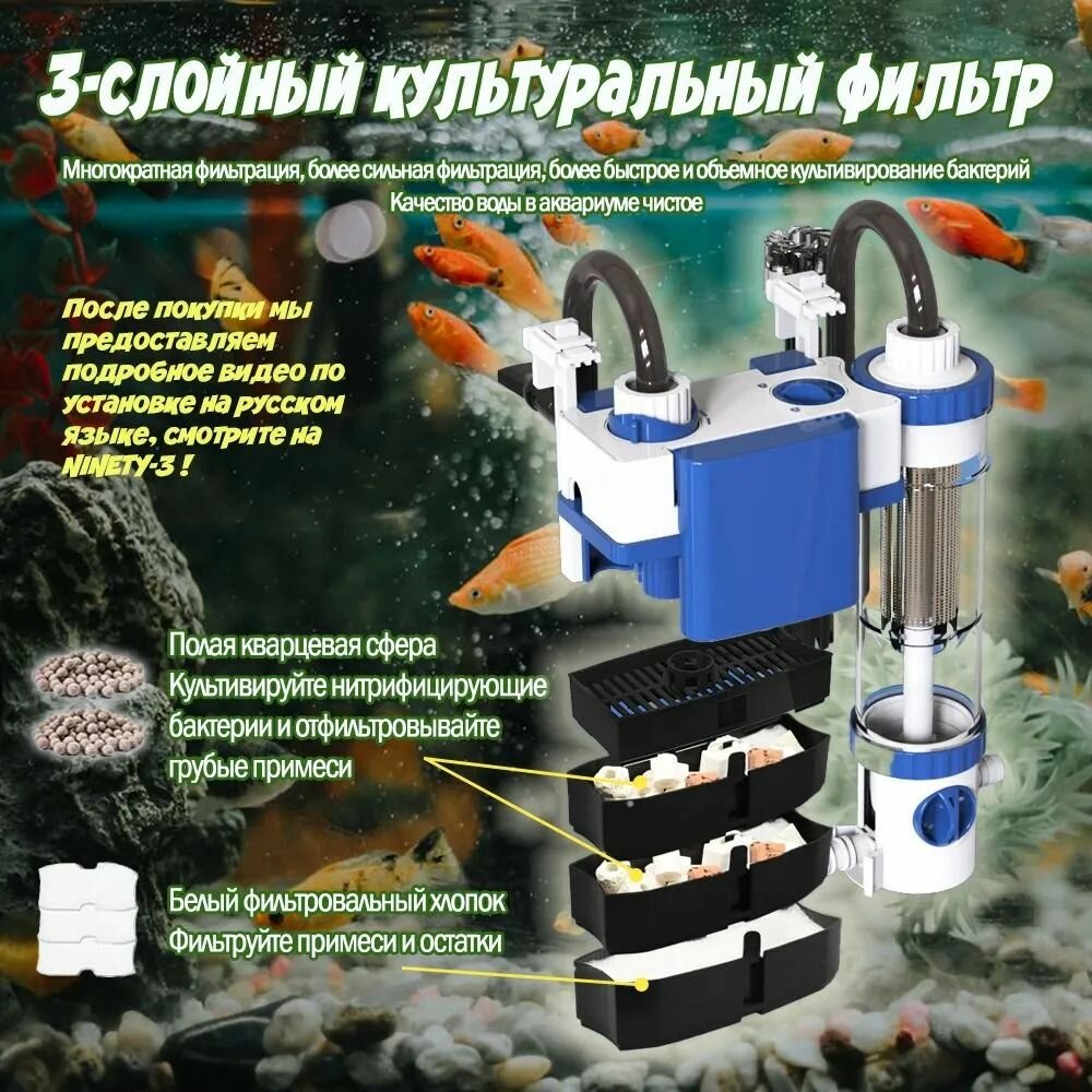 Аквариумный фильтр-аэратор с встроенной системой очистки воды, увеличением содержания кислорода, отделением и сбором рыбьего помёта, Содержит отфильтрованные кварцевые сферы.