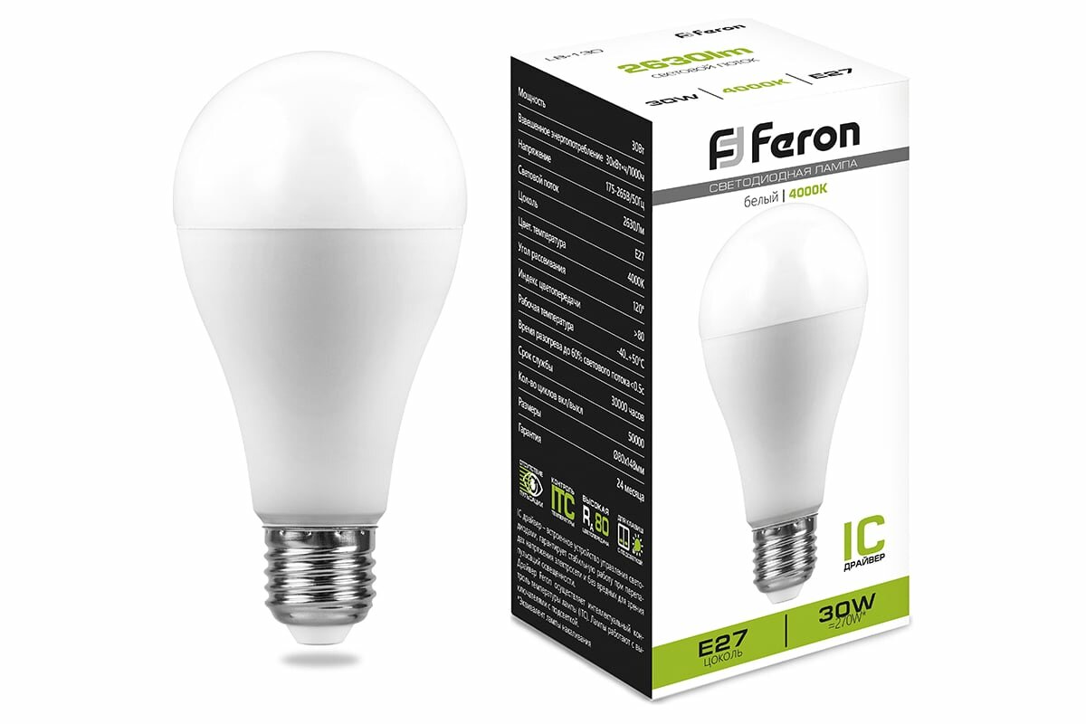 Светодиодная лампа FERON LB-130 Шар E27 30W 4000K 38195
