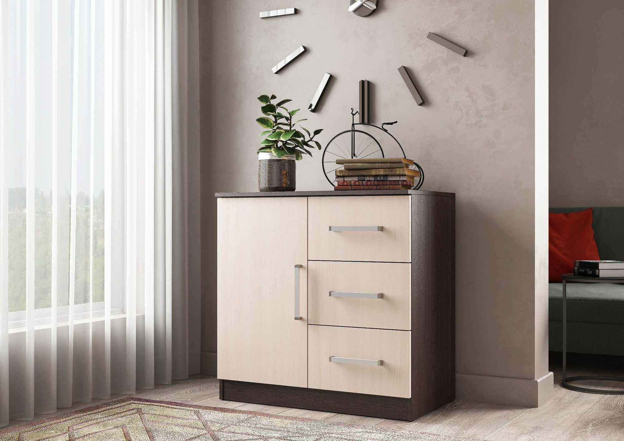 Комод Бася (1 дверь + 3 ящика) Дуб беленый/Венге 81,6х43х80