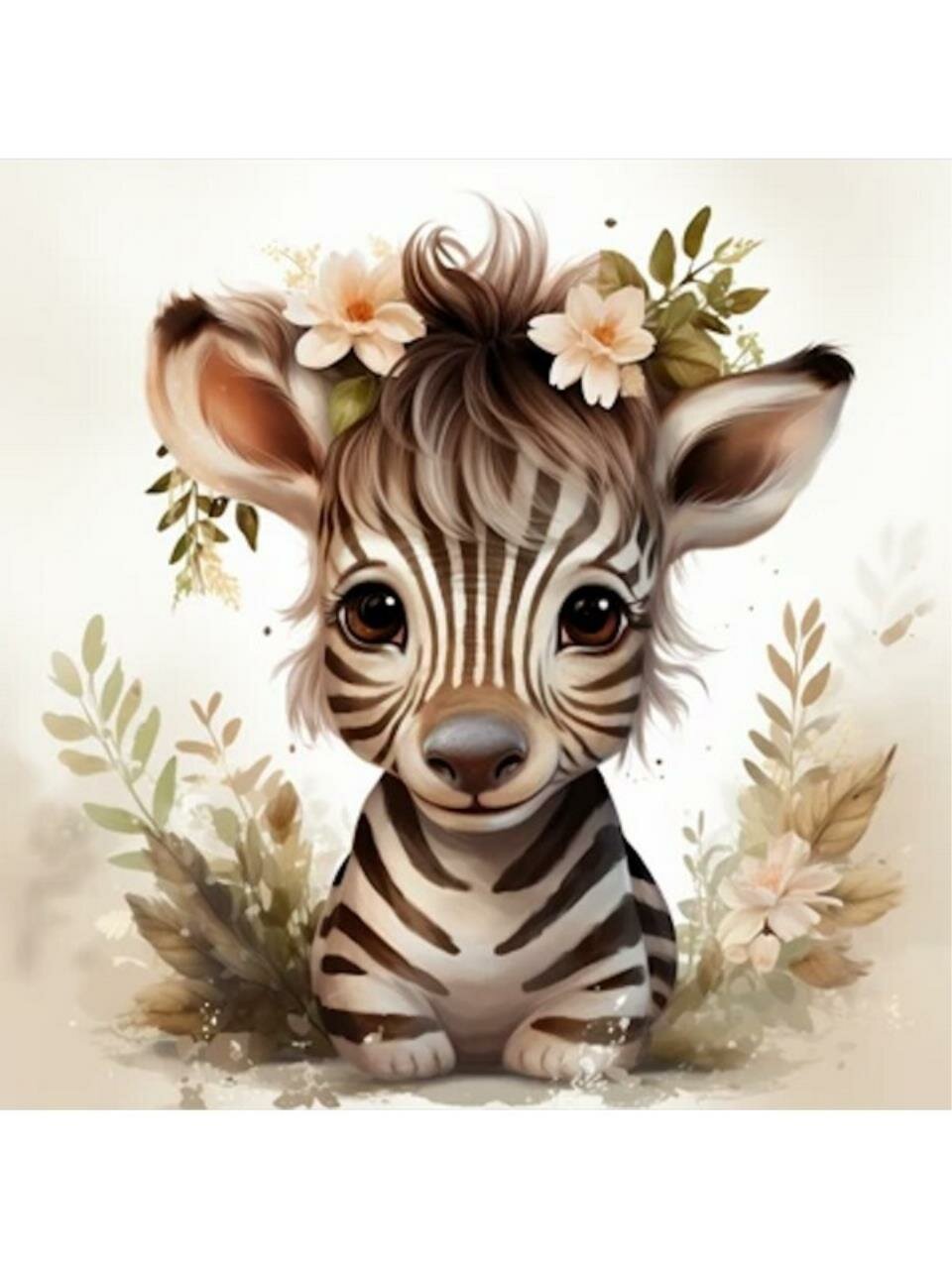 Холст с красками по номерам "Малыши-животные" Зебра в цветах, 20x20 см (16 цв.) в к 21,4x21x3 см